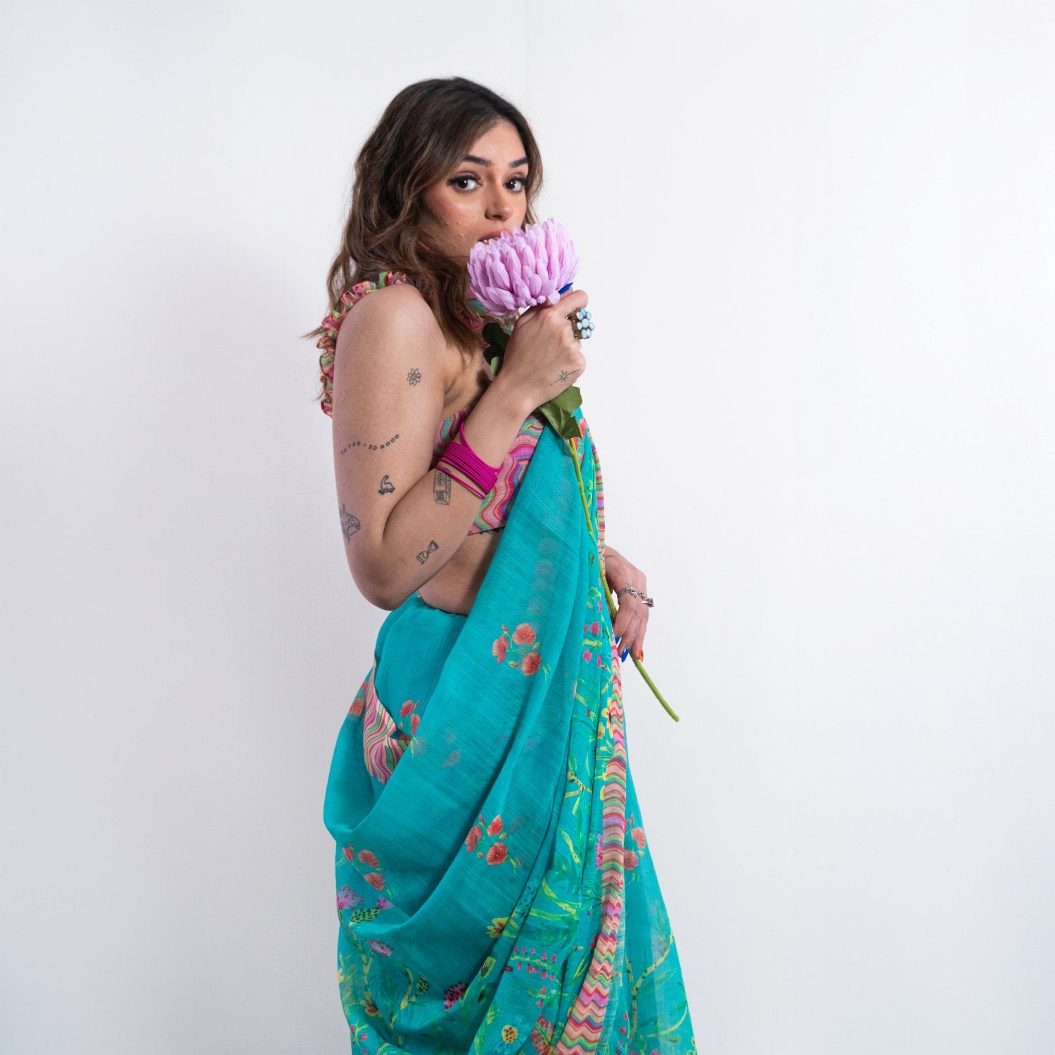 Aqua Flora Cotton Saree – Sharmeeli