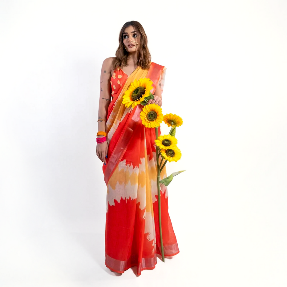 Saffron Shabnam Orange Saree – Sharmeeli